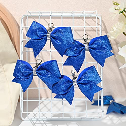 Aileam 6 PCS Cheer Bow Key Chain Glitter Blue Hair Bow with Rhinestones & Sequin for Girls Sports Cheerleader Accessories