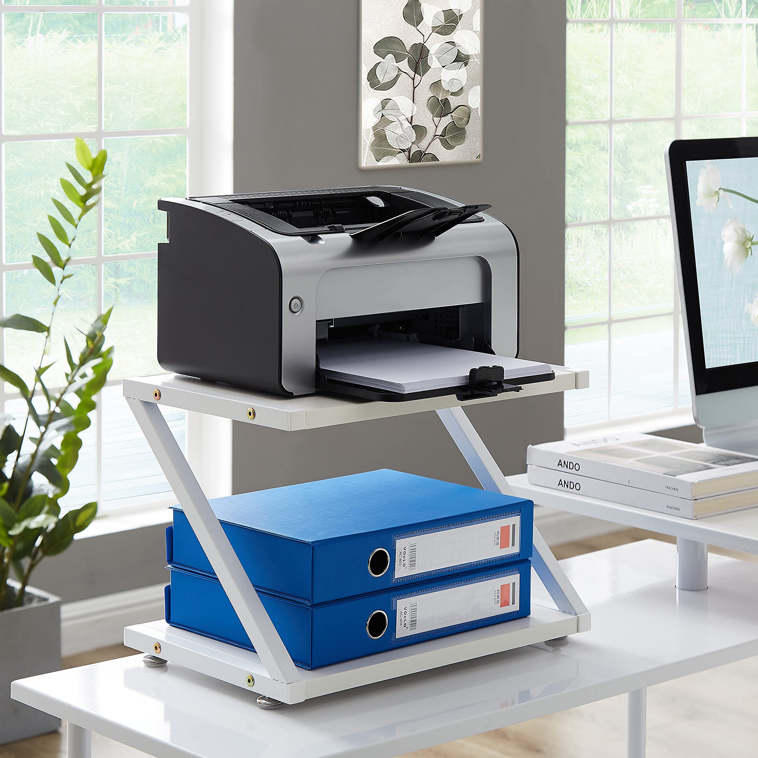 infini Printer Stand Multi-Purpose Desktop Organizer Printer Storage Rack and Shelf 2-Layer Desktop Storage Shelf Desktop Printer Stand with Paper Storage Very Suitable for Home or Office (White)