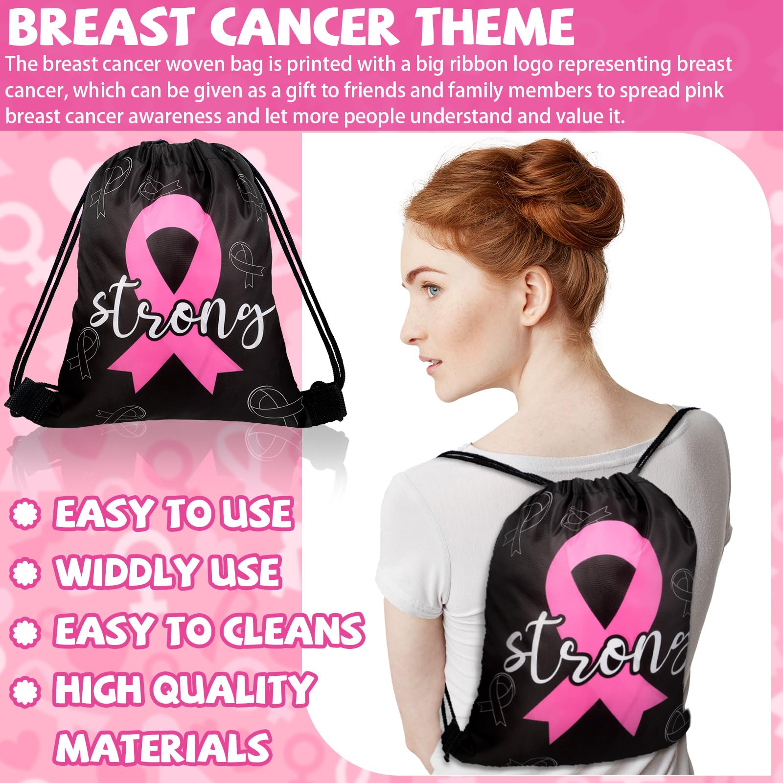 Paterr 36 Pcs Breast Cancer Awareness Drawstring Backpack 11.8'' x 9.8'' Pink Ribbon Polyester Drawstring Bags Hope Fight Sport Gym Sackpack for Women Travel Storage Accessories, White and Black