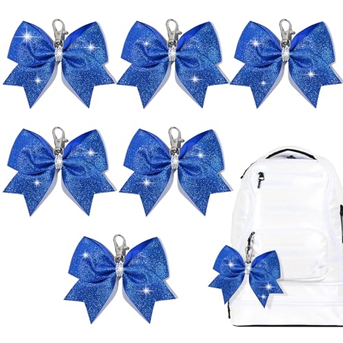 Aileam 6 PCS Cheer Bow Key Chain Glitter Blue Hair Bow with Rhinestones & Sequin for Girls Sports Cheerleader Accessories