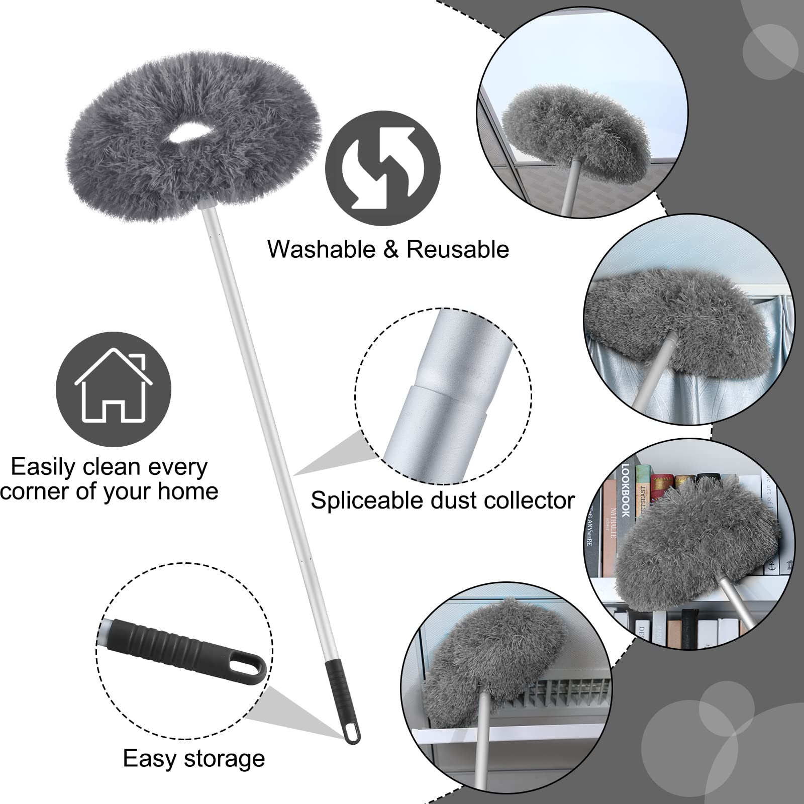 Hoolerry Ceiling Fan Cleaner Duster Reusable Microfiber Blade Cleaning Tool with Extension Pole Washable Extendable 13 to 49.7 Inch for Cleaning High Ceiling Cobweb Furniture Window Top(Gray)