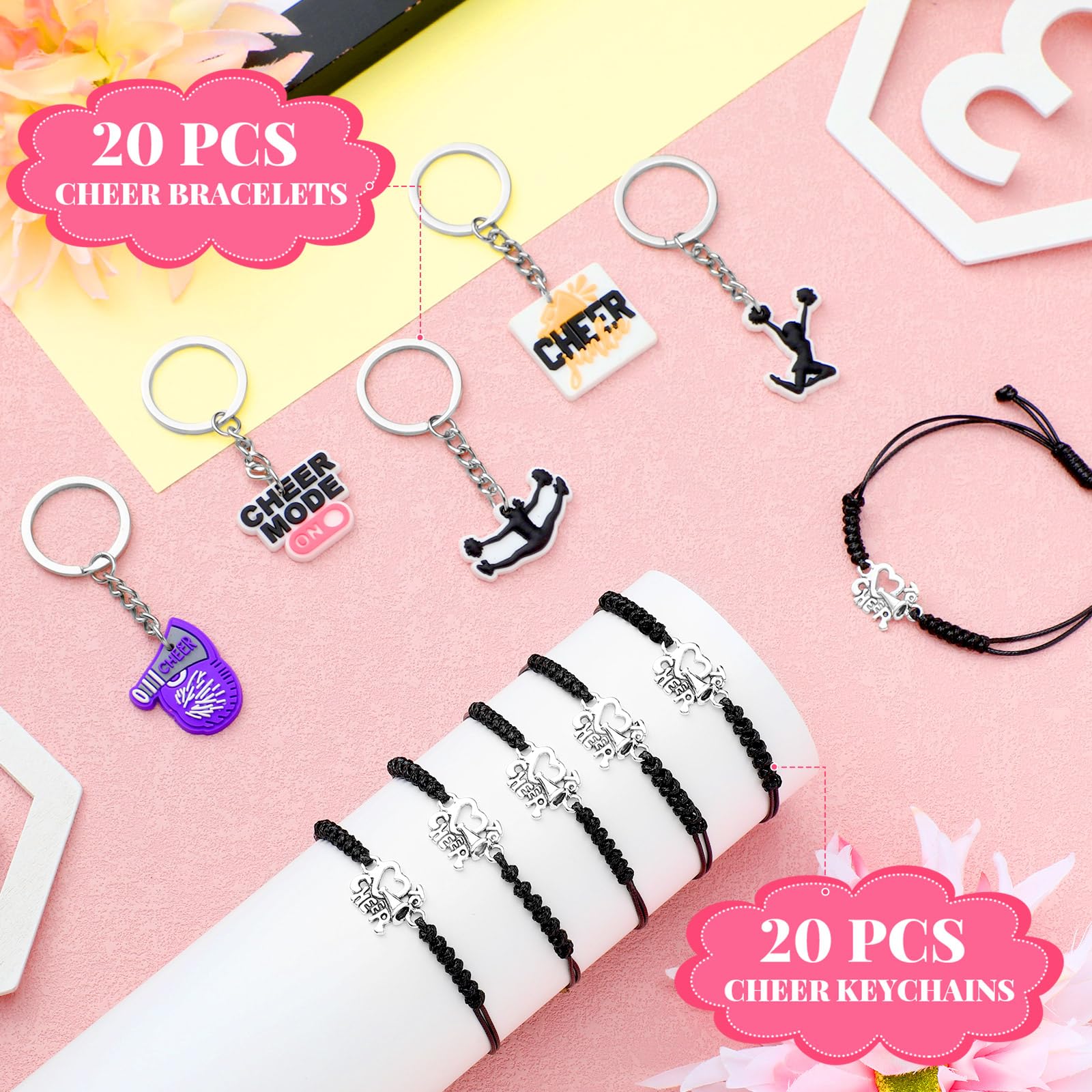Sureio 48 Pcs Cheerleader Gifts Kit Cheer Stuff Bulk for Team, 24 Pcs Keychain and 24 Pcs Cheer Charms Bracelets Cheerleading Accessories Party Favors for Women Girls Teammates