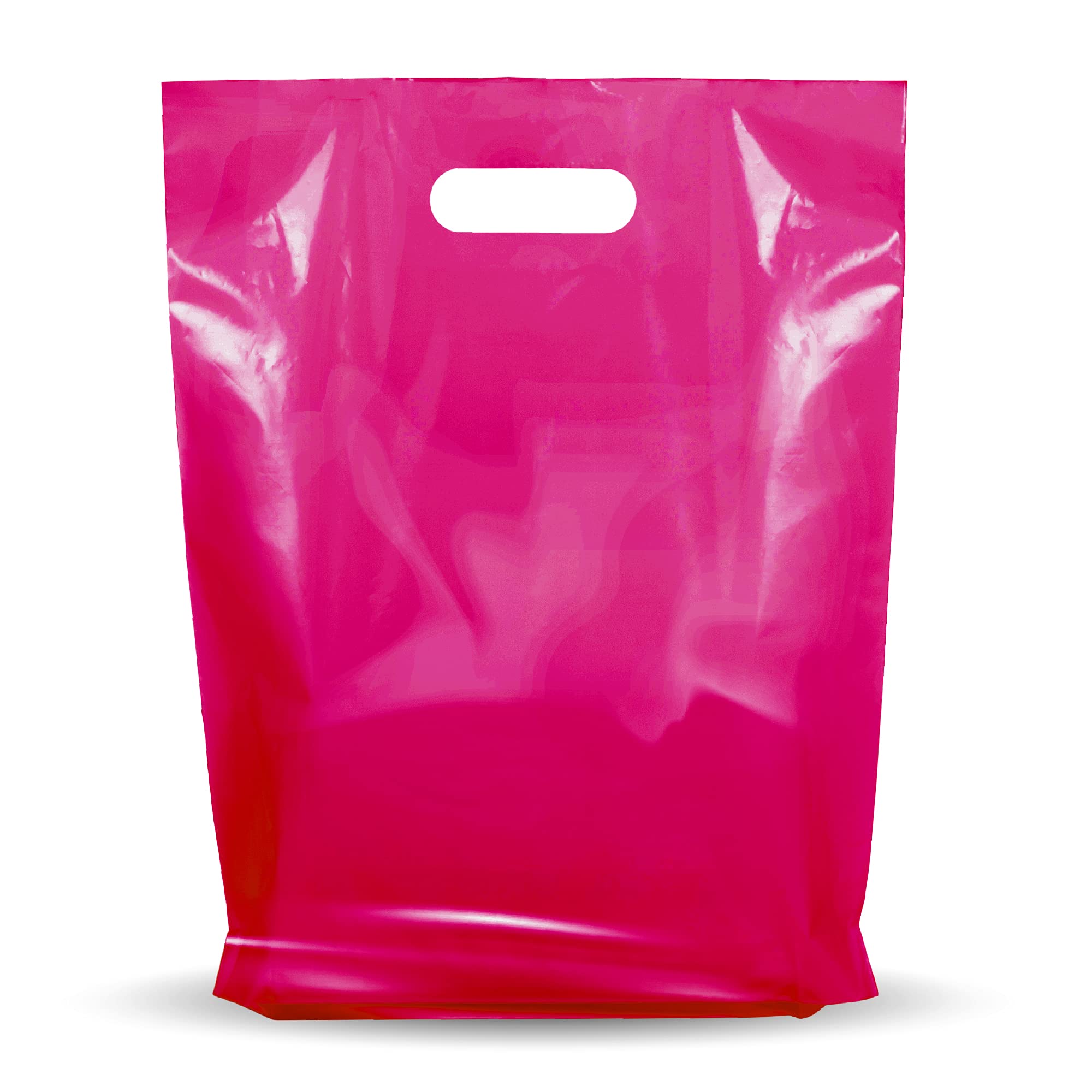 100 Pack 12" x 15" with 1.25 mil Thick Black Merchandise Plastic Glossy Retail Bags - Die Cut Handles - Perfect for Shopping, Party Favors, Birthdays, Children Parties - Color Black - 100% Recyclable