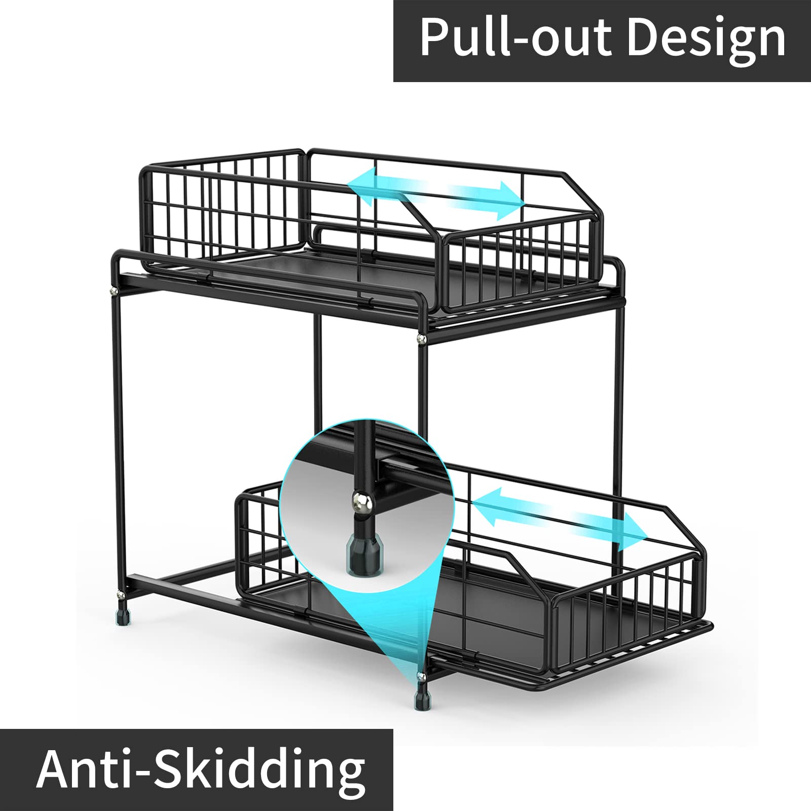 STILLDIO Metal Under Sink Organizer and Storage with 2 Tier Slide Out Wire Baskets Sliding Drawers for Kitchen Bathroom Office Toilet Under Cabinet Shelf Countertop Heavy Duty Collection Space Saver