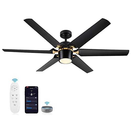 POCHFAN 60 inch Black Ceiling Fans with Lights and Remote, Modern Smart Ceiling Fan Compatible with Alexa, Google Home & Smart APP, Reversible Dimmable DC Ceiling Fan for Indoor or Covered Outdoor