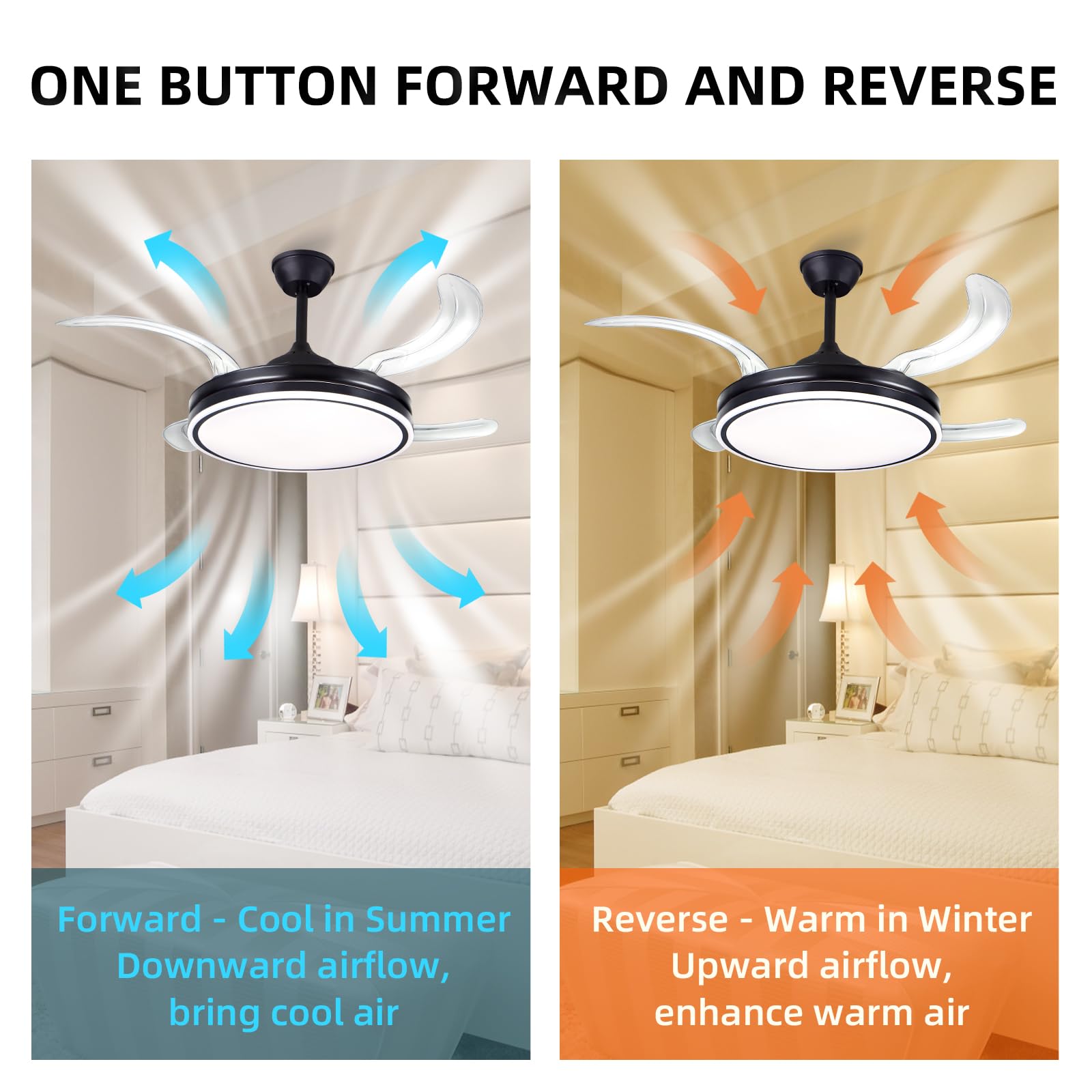 Lcozdny Retractable Ceiling Fans with Lights and Remote, 42 Inch Modern Ceiling Fan with 3 Color Change for Living Room Dining Room Bedroom - Timer Setting & Reversible
