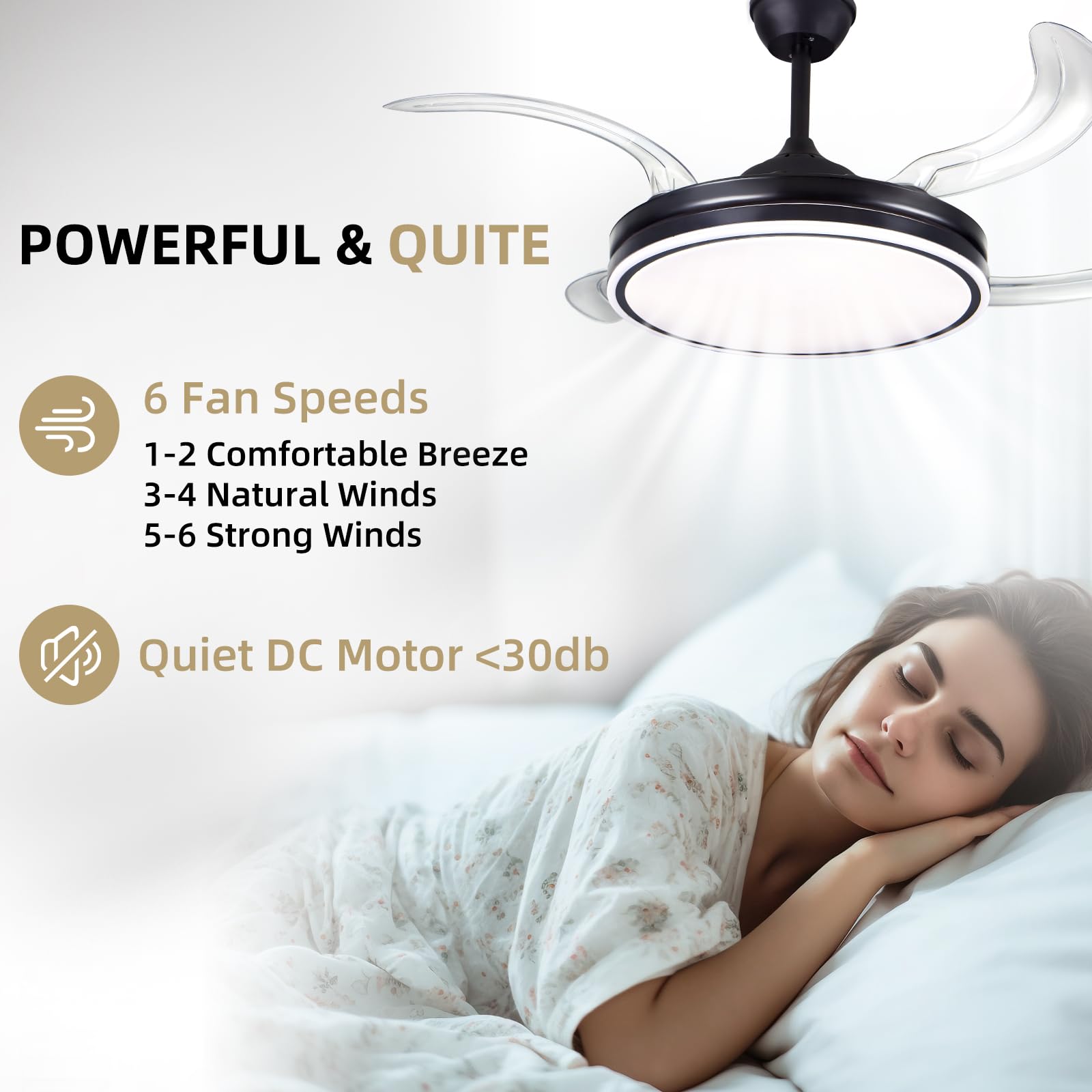 Lcozdny Retractable Ceiling Fans with Lights and Remote, 42 Inch Modern Ceiling Fan with 3 Color Change for Living Room Dining Room Bedroom - Timer Setting & Reversible