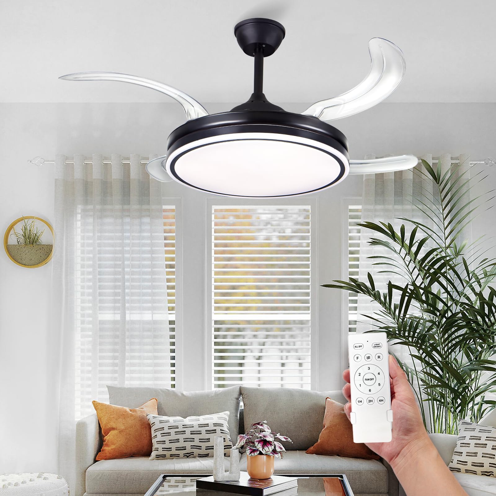 Lcozdny Retractable Ceiling Fans with Lights and Remote, 42 Inch Modern Ceiling Fan with 3 Color Change for Living Room Dining Room Bedroom - Timer Setting & Reversible