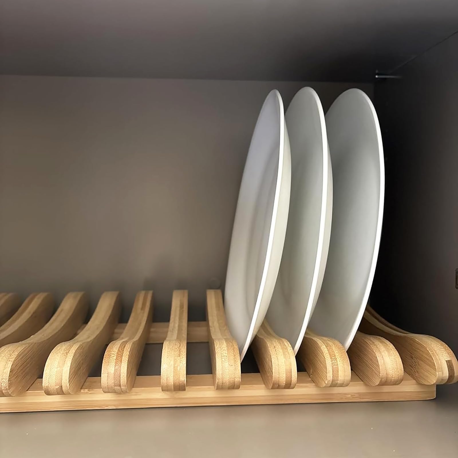 Frcctre Bamboo Dish Drying Rack, 10 Slots Bamboo Cabinet Plate Stand Dish Drainer Wooden Plate Rack Pot Lid Holder Kitchen Dish Plate Storage Organizer for Countertop Cabinet