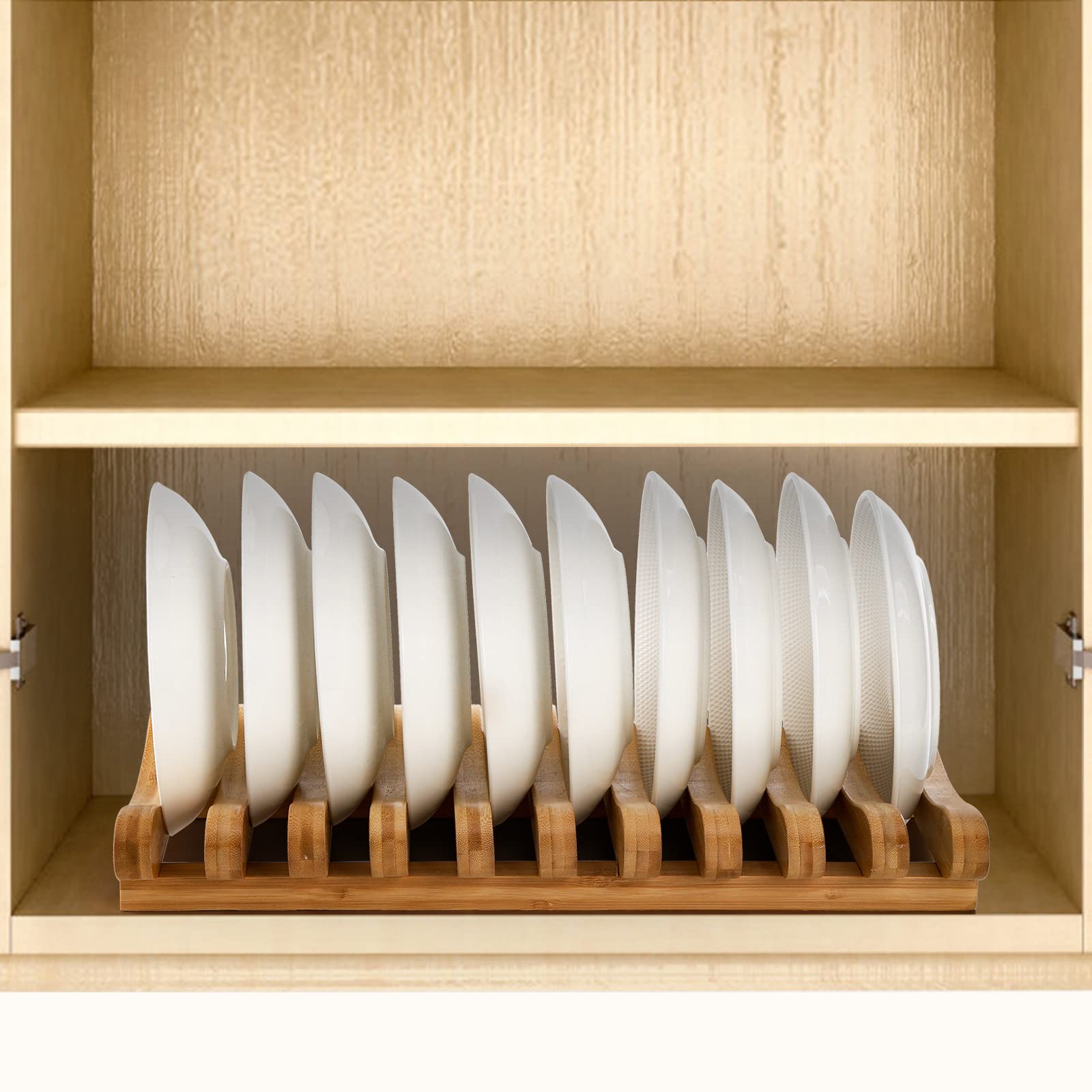 Frcctre Bamboo Dish Drying Rack, 10 Slots Bamboo Cabinet Plate Stand Dish Drainer Wooden Plate Rack Pot Lid Holder Kitchen Dish Plate Storage Organizer for Countertop Cabinet