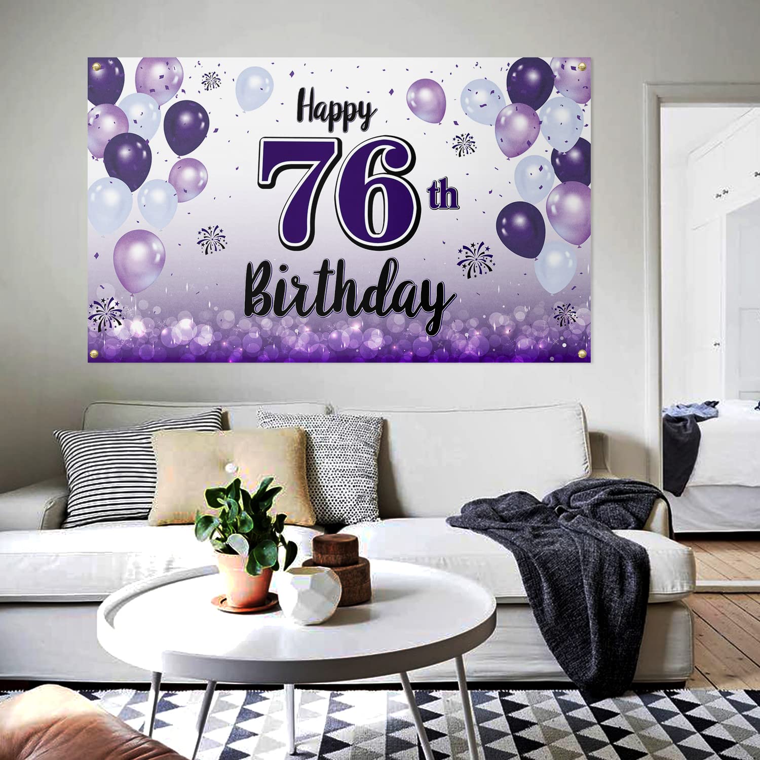 LASKYER Happy 76th Birthday Purple Large Banner - Cheers to 76 Years Old Birthday Home Wall Photoprop Backdrop,76th Birthday Party Decorations.