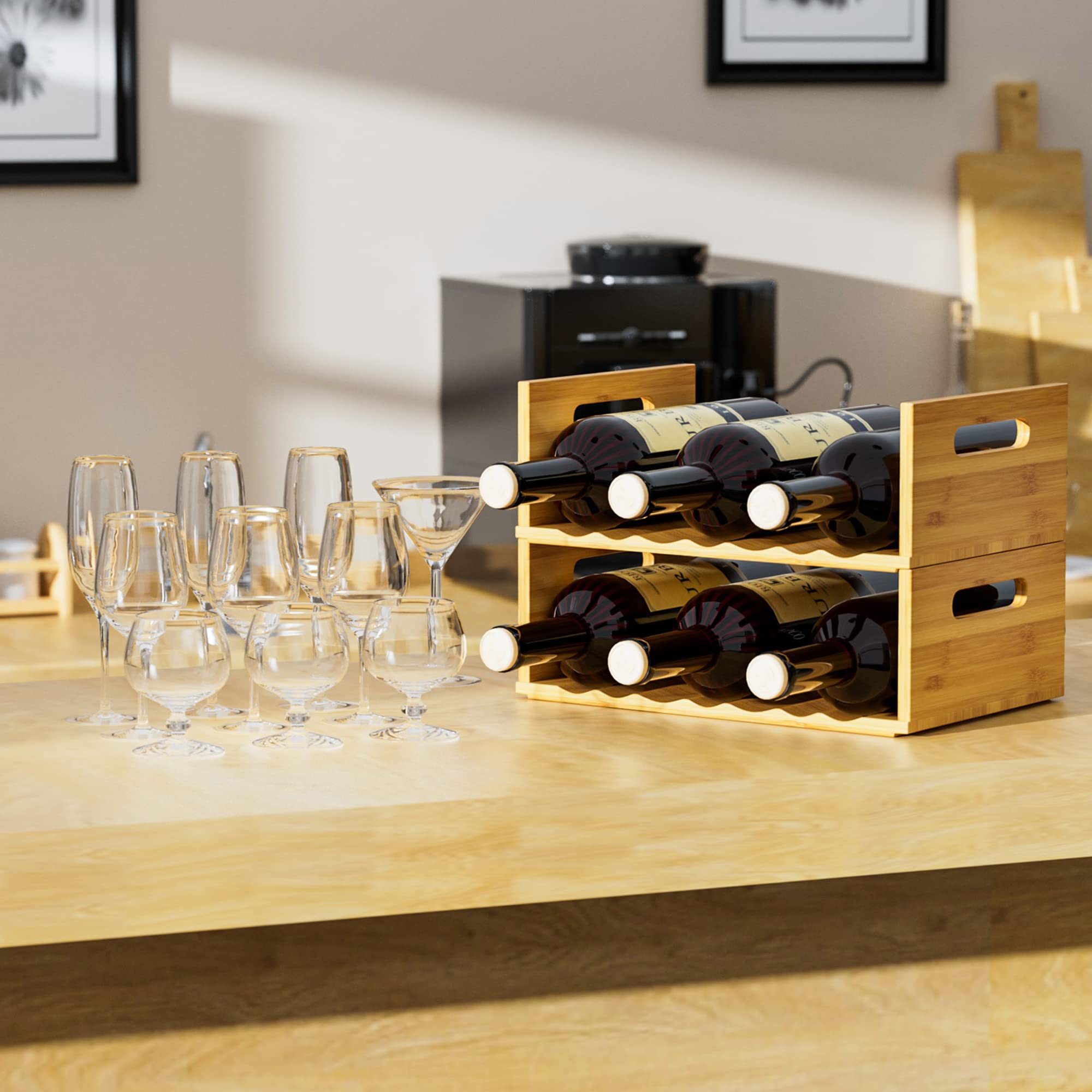 MinBoo Bamboo Wine Bottle Holder, 2 Tier Wine Bottle Holder for Cabinet or Wine Cooler, Stackable Water Bottle Storage Rack, Wine Bottle, Beverage, Cabinet Organizer, Kitchen Countertop, Wine Cooler