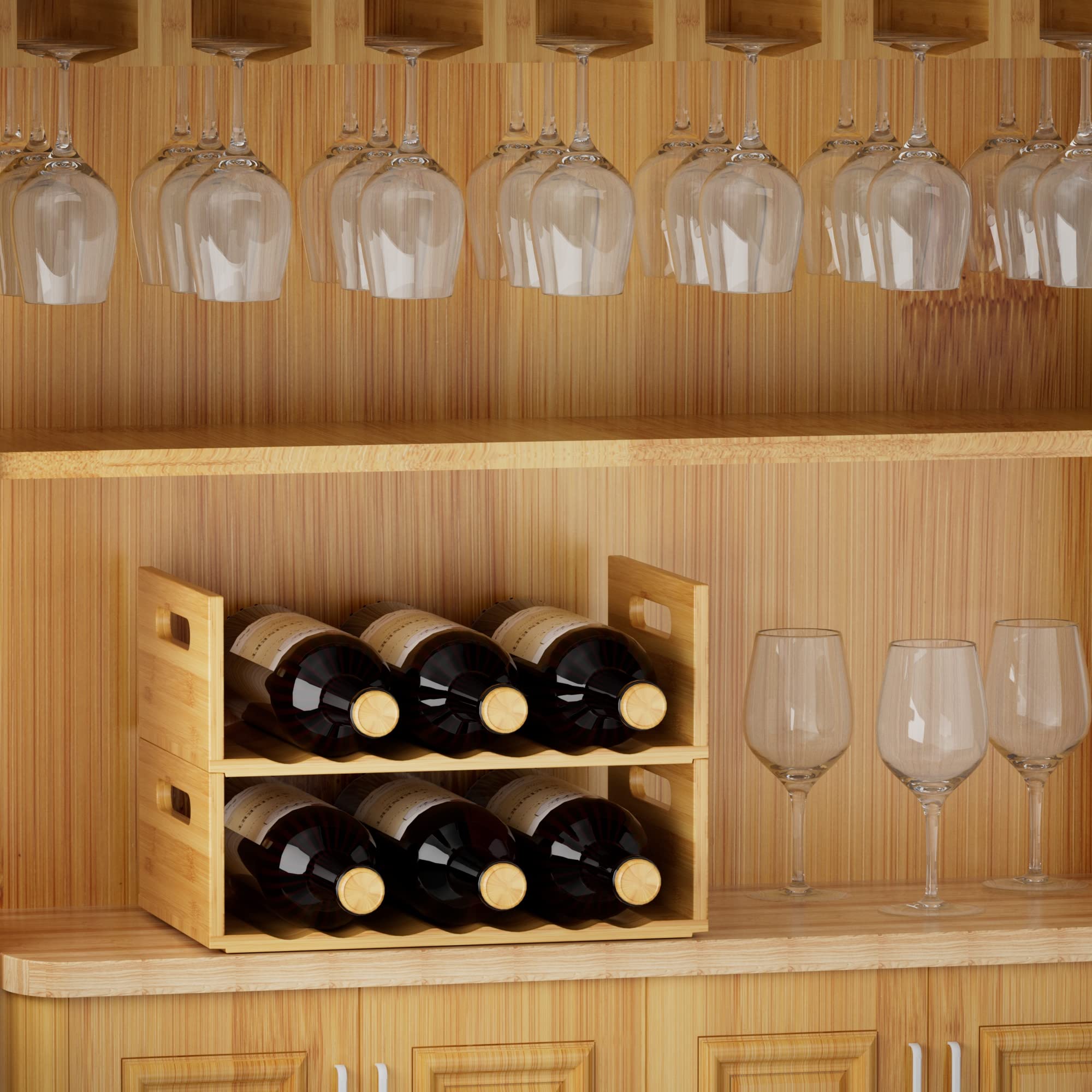 MinBoo Bamboo Wine Bottle Holder, 2 Tier Wine Bottle Holder for Cabinet or Wine Cooler, Stackable Water Bottle Storage Rack, Wine Bottle, Beverage, Cabinet Organizer, Kitchen Countertop, Wine Cooler
