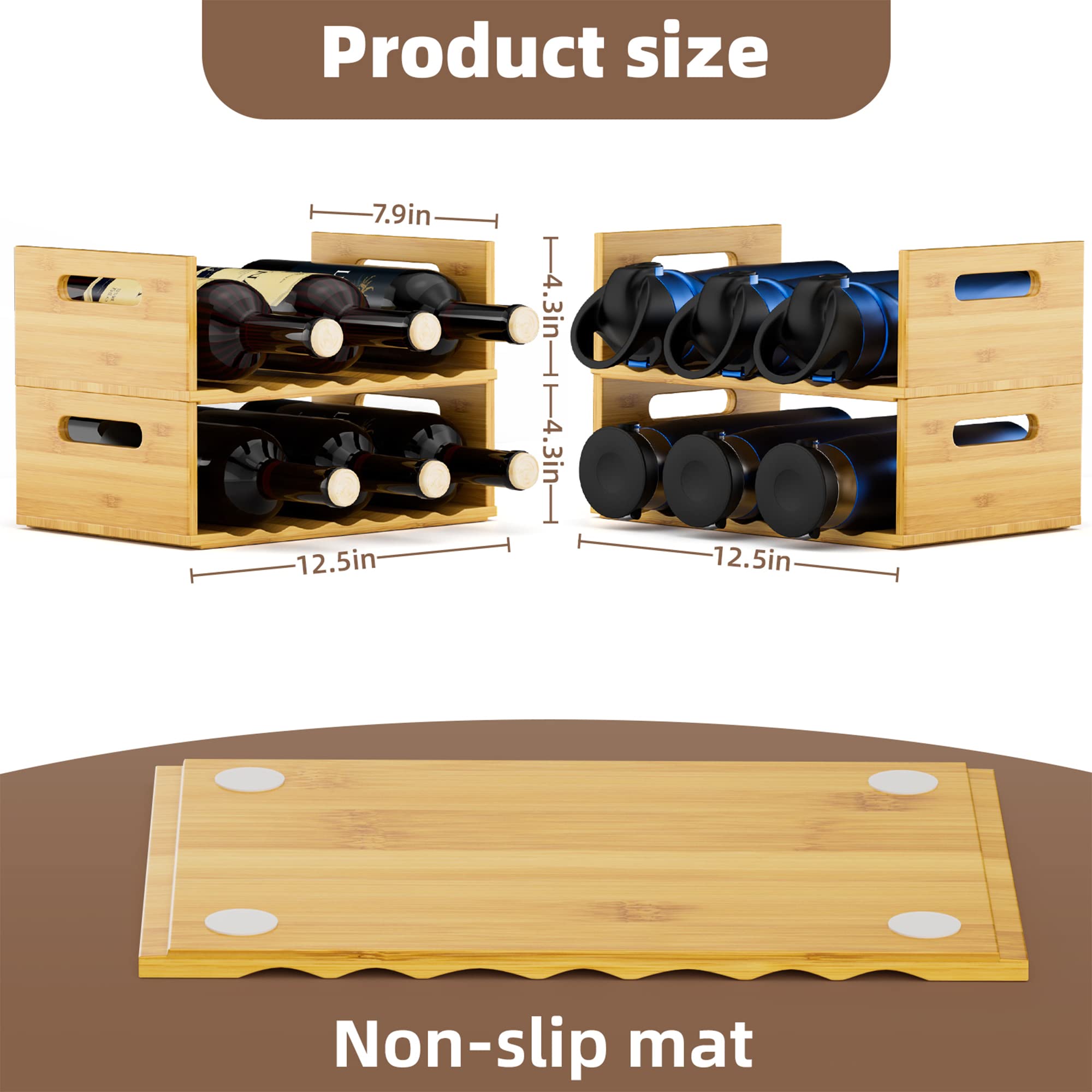 MinBoo Bamboo Wine Bottle Holder, 2 Tier Wine Bottle Holder for Cabinet or Wine Cooler, Stackable Water Bottle Storage Rack, Wine Bottle, Beverage, Cabinet Organizer, Kitchen Countertop, Wine Cooler