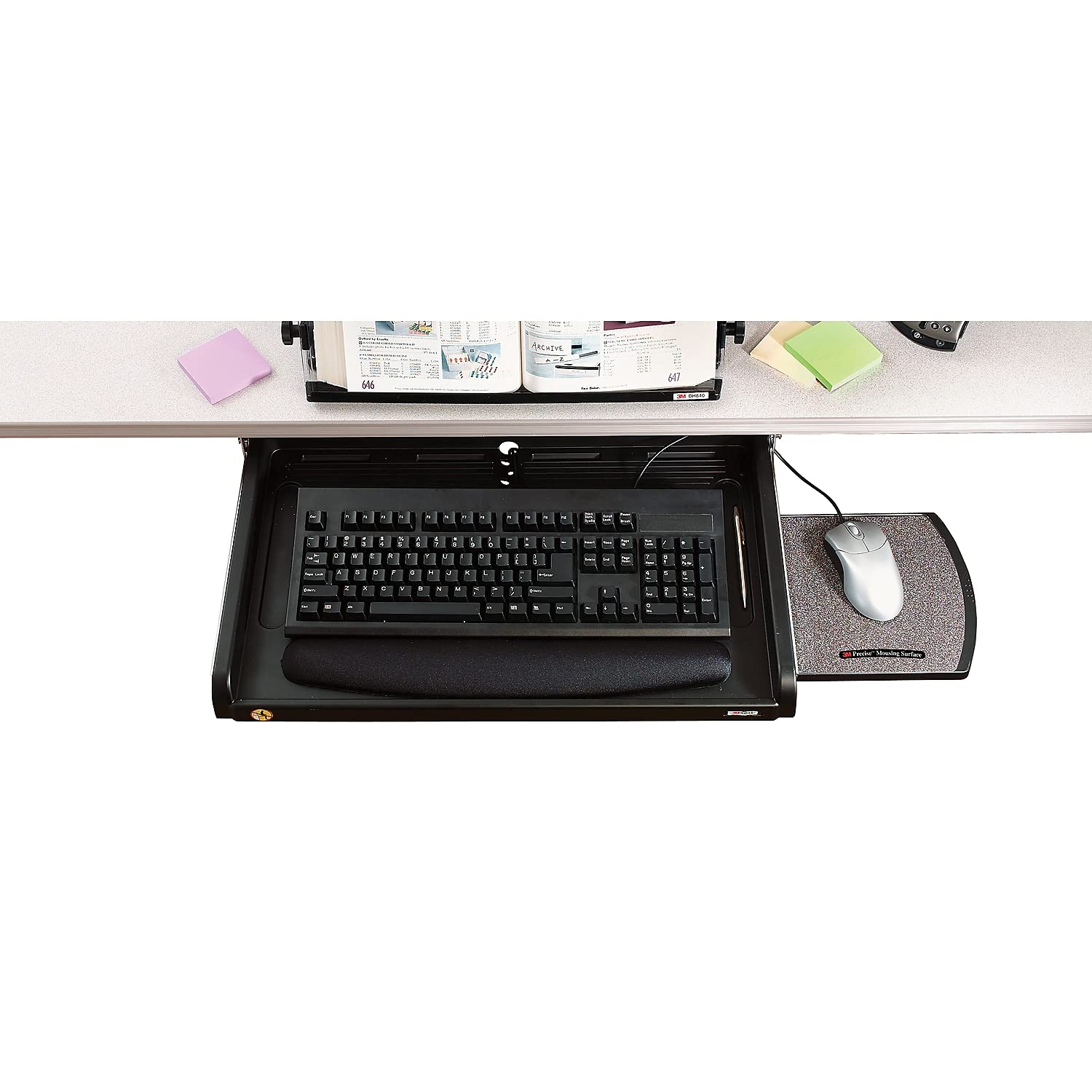 3M Adjustable Under-Desk Keyboard Drawer, Three Height Settings, Wide Tray with Gel Wrist Rest Accomodates Most Keyboards, Slide Out Mouse Platform with Precise Mouse Pad, Black (KD45)
