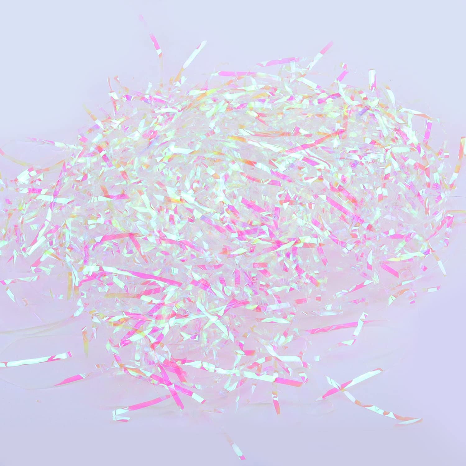 100 Grams Basket Filler Paper Shred, Sparkly Iridescent Film PP Hamper Shreds & Strands Shredded Grass Stuffer Crinkle Confetti Raffia Paper Gift Box Filler for DIY Gift Wrapping & Basket Filling (Iridescent)