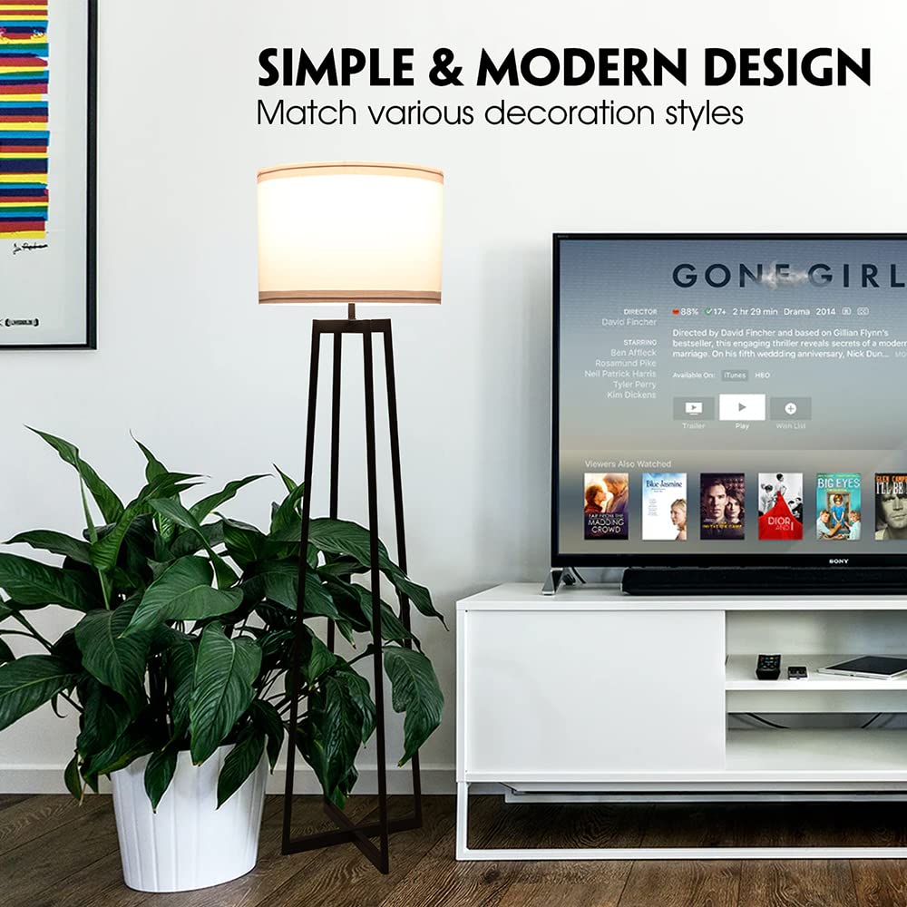 Modern Floor Lamp for Living Room - 62" Black Molded Metal Floor Lamp Tall Standing Lamp for Bedroom, Office, Bright Lamp with White Fabric Drum Shade and 9W LED Bulb