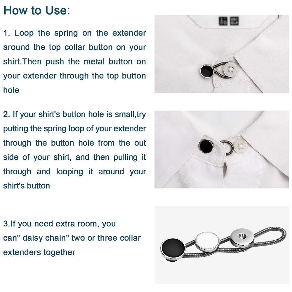 12pcs, Collar Extenders, Comfy & Premium Invisible Neck Extender, Adds 1 in Instantly, Button Extenders for Mens Dress Shirts Suits Trouser, Coat, Shirts (Black, White, Silver)