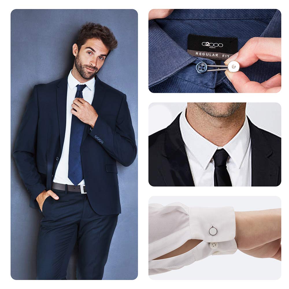 12pcs, Collar Extenders, Comfy & Premium Invisible Neck Extender, Adds 1 in Instantly, Button Extenders for Mens Dress Shirts Suits Trouser, Coat, Shirts (Black, White, Silver)