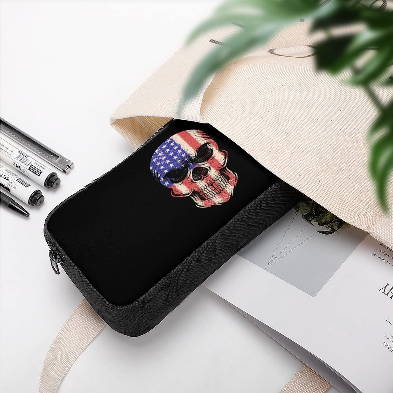 Skull USA Flag Pencil Case Pencil Pouch Coin Pouch Cosmetic Bag Office Stationery Organizer