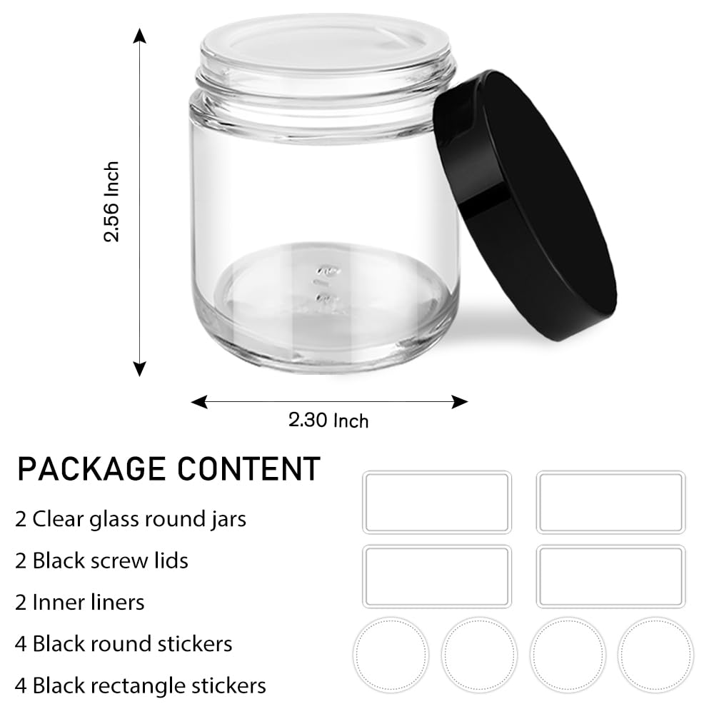 4 oz Small Glass Jars with Lids, Tecohouse Clear Glass Jars with Black Lids & Inner Liners, Mini Travel Sample Containers for Slime, Makeup, Cream, Lotion, Cosmetic - 2 Pack