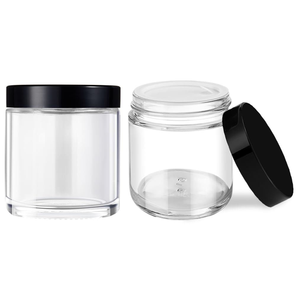 4 oz Small Glass Jars with Lids, Tecohouse Clear Glass Jars with Black Lids & Inner Liners, Mini Travel Sample Containers for Slime, Makeup, Cream, Lotion, Cosmetic - 2 Pack