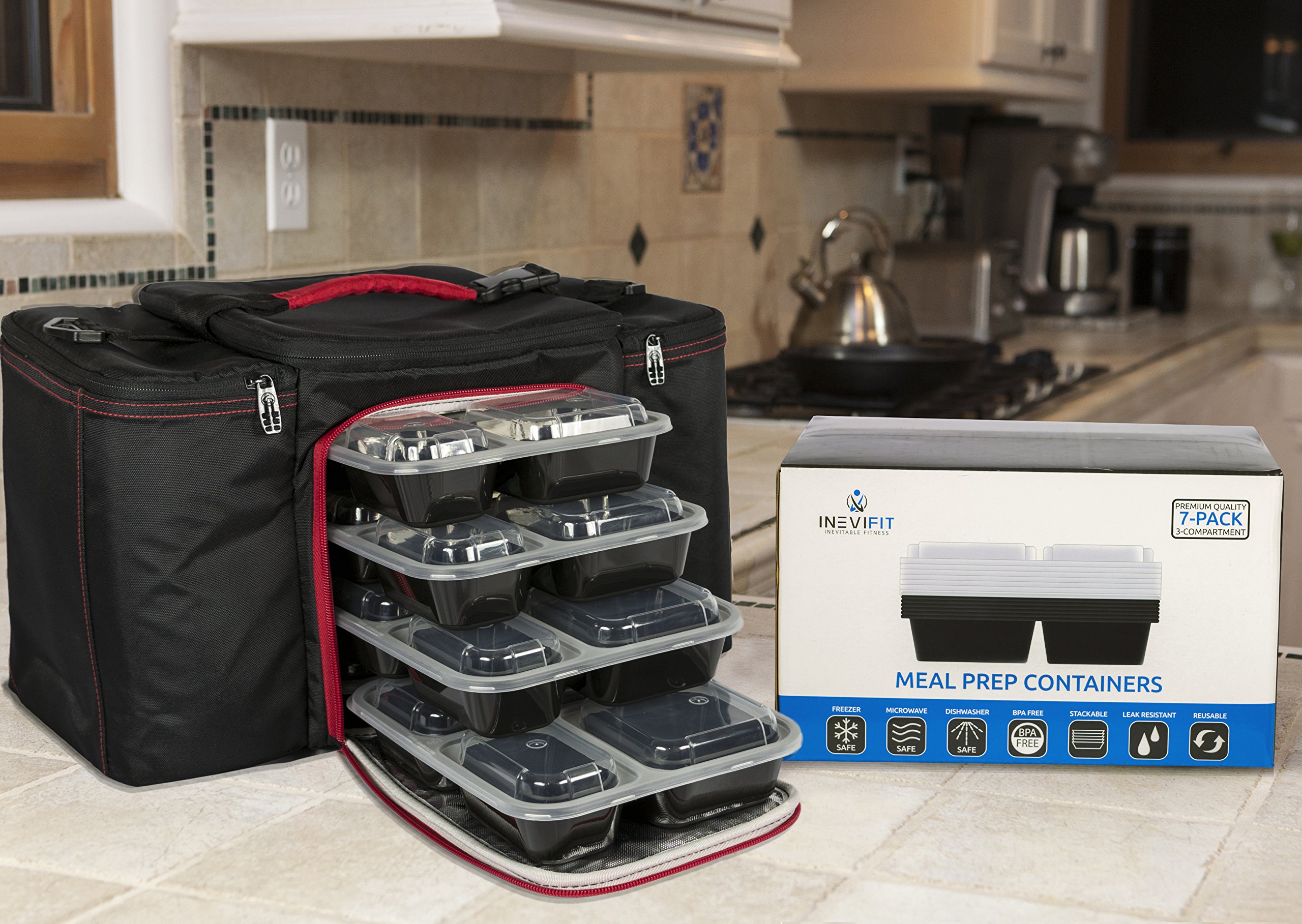 INEVIFIT Meal Prep 3 Compartment BPA FREE, Premium Food Storage Containers, Durable & Reusable, 36 oz. Stackable 7 Pack, Microwaveable & Dishwasher Safe Bento Lunch Box with Leak Resistant Technology