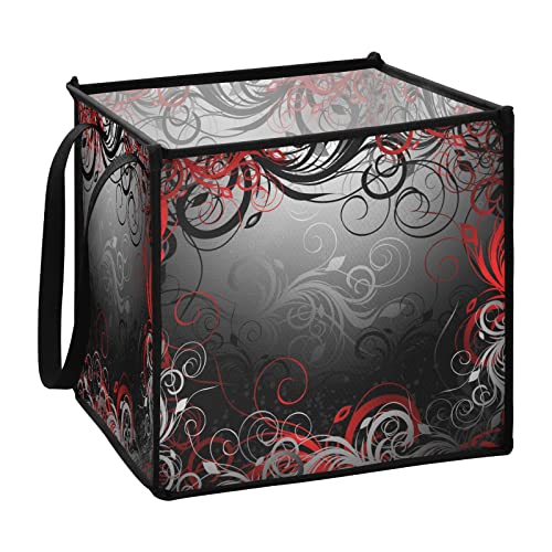 Blueangle Black Red Floral Cube Storage Bin with Handles, 10.6 x 10.6 x 10.6 in, Large Collapsible Organizer Storage Basket for Home Décor(158)