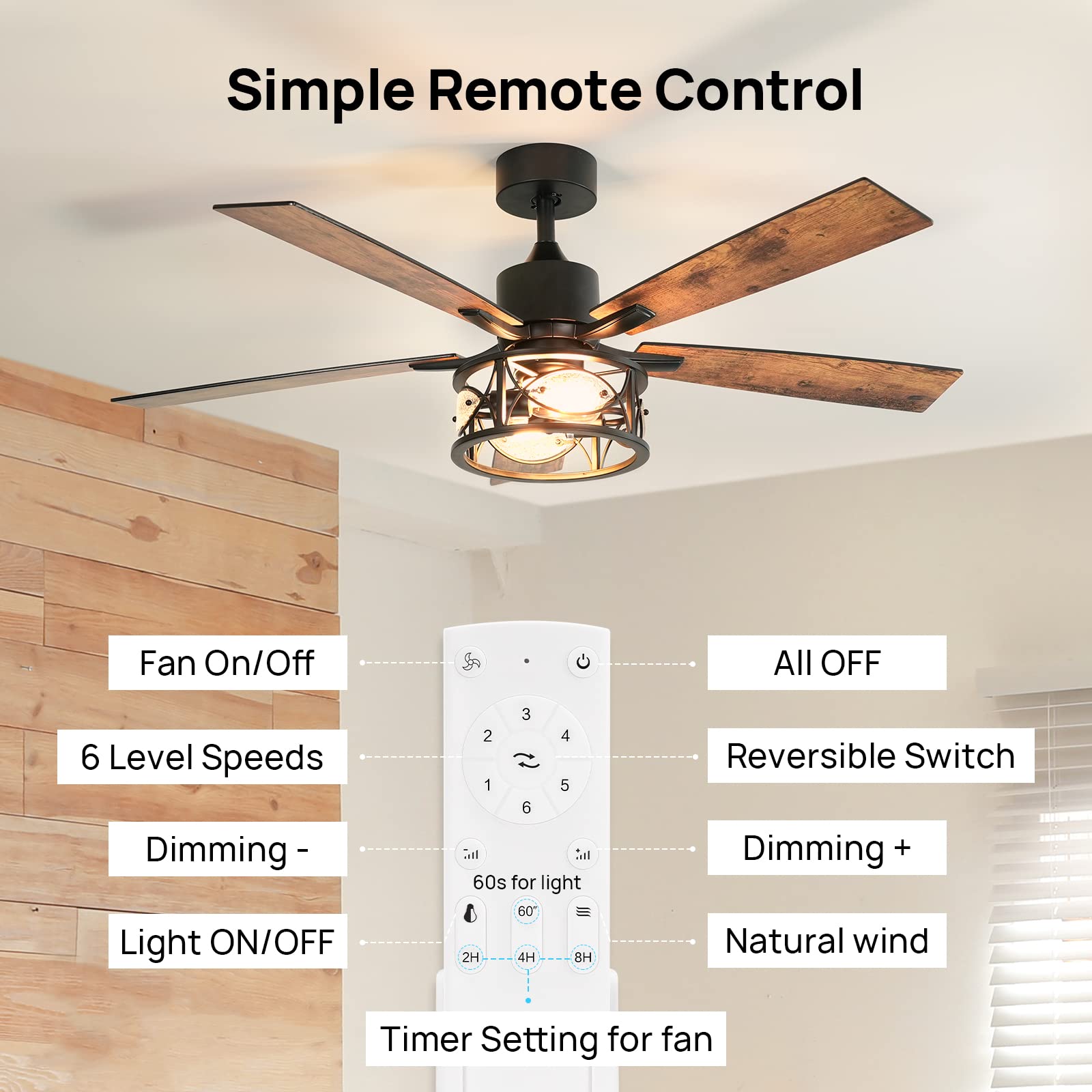 Consciot Ceiling Fan With Lights, 52 Inch Farmhouse Indoor Ceiling Fan With Remote, Quiet Reversible DC Motor, 5 Double Finish Wood Blades, Easy Dual Mount, Support Dimmable 2*E26 Bulbs(not included)