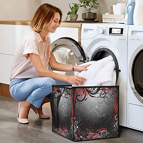 Blueangle Black Red Floral Cube Storage Bin with Handles, 10.6 x 10.6 x 10.6 in, Large Collapsible Organizer Storage Basket for Home Décor(158)