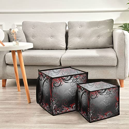 Blueangle Black Red Floral Cube Storage Bin with Handles, 10.6 x 10.6 x 10.6 in, Large Collapsible Organizer Storage Basket for Home Décor(158)