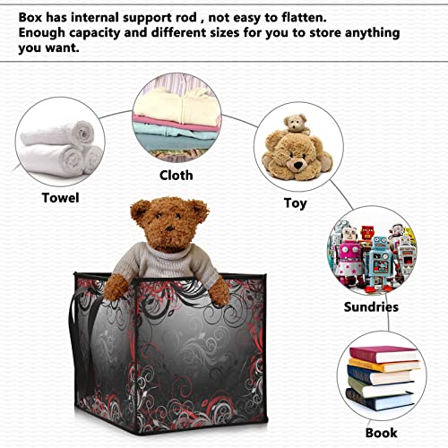 Blueangle Black Red Floral Cube Storage Bin with Handles, 10.6 x 10.6 x 10.6 in, Large Collapsible Organizer Storage Basket for Home Décor(158)