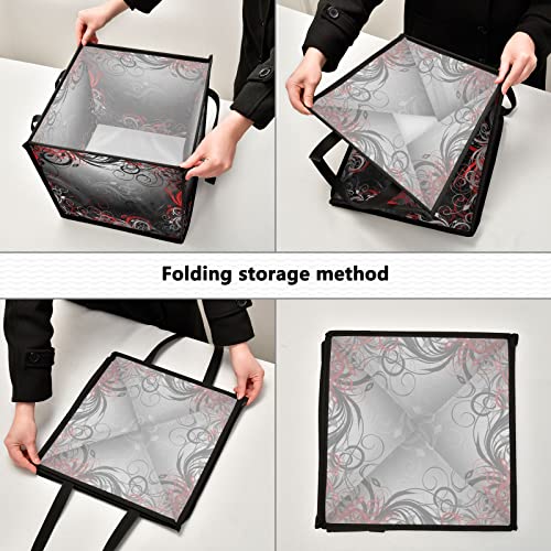 Blueangle Black Red Floral Cube Storage Bin with Handles, 10.6 x 10.6 x 10.6 in, Large Collapsible Organizer Storage Basket for Home Décor(158)