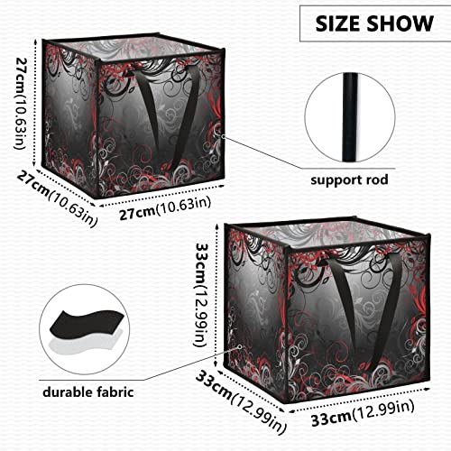 Blueangle Black Red Floral Cube Storage Bin with Handles, 10.6 x 10.6 x 10.6 in, Large Collapsible Organizer Storage Basket for Home Décor(158)