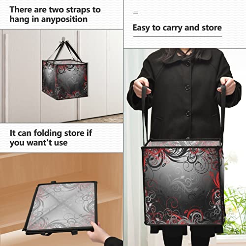 Blueangle Black Red Floral Cube Storage Bin with Handles, 10.6 x 10.6 x 10.6 in, Large Collapsible Organizer Storage Basket for Home Décor(158)