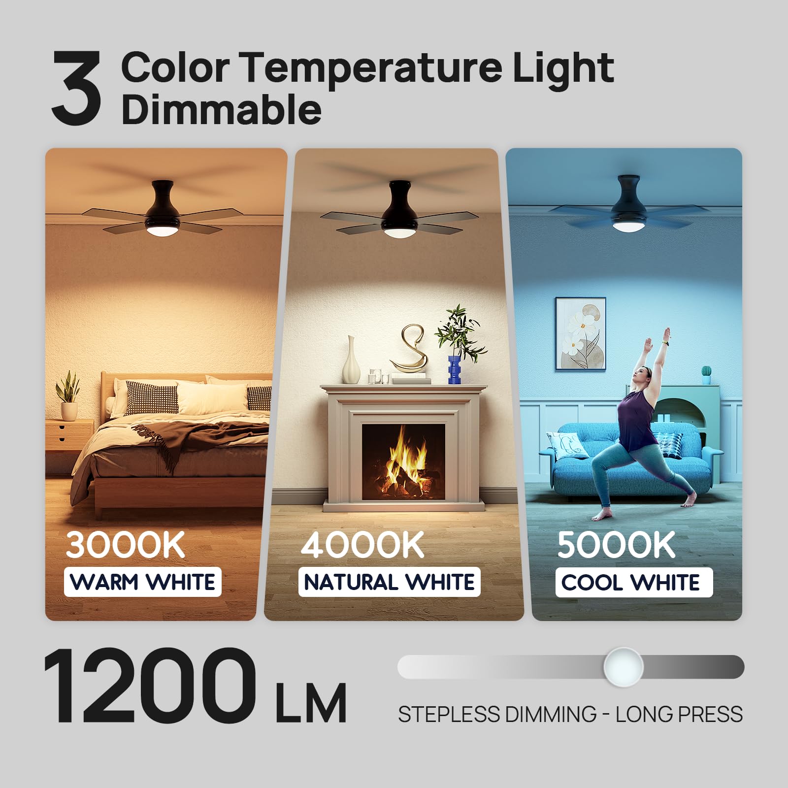 Consciot 52 Inch Ceiling Fan With Lights, Modern Black Ceiling Fan, Remote Control, Quiet Reversible DC Motor, Flush Mount, Dimmable 3CCT LED Light, Double Finish Blade, For Indoor Bedroom Living Room