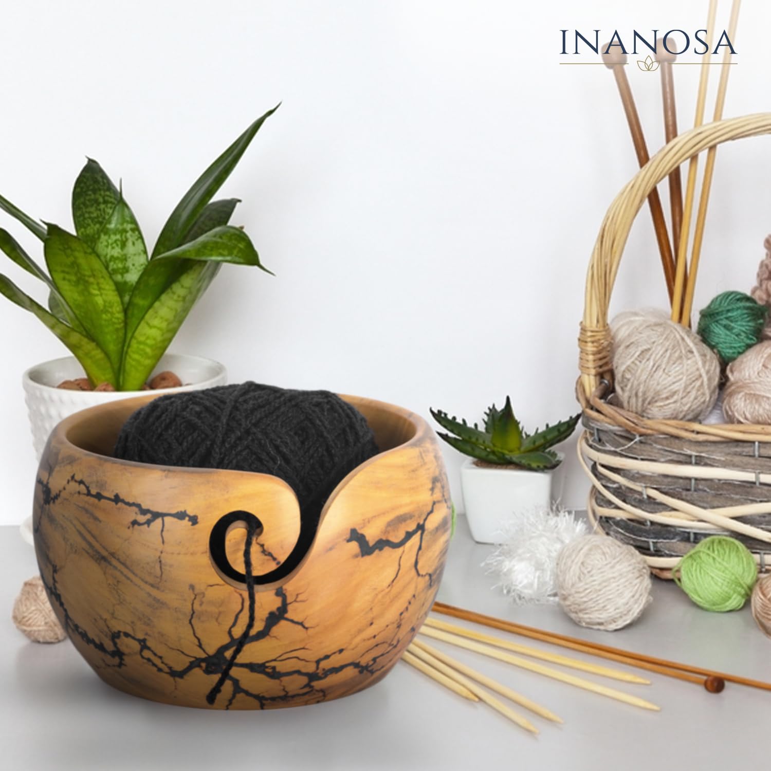 Premium Yarn Storage Bowls Large(7x4)" | Multipurpose Wooden Bowls | Wood Fracking Yarn Bowls | Yarn Organiser - Gift for Mom - Inanosa