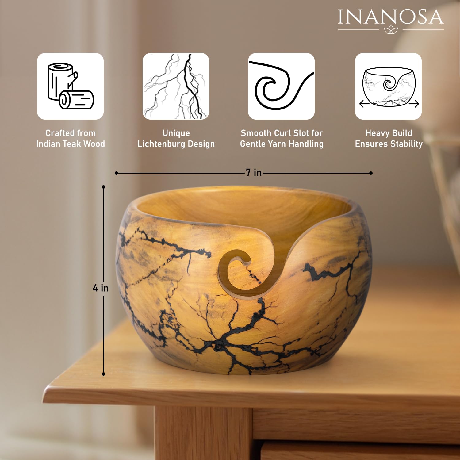 Premium Yarn Storage Bowls Large(7x4)" | Multipurpose Wooden Bowls | Wood Fracking Yarn Bowls | Yarn Organiser - Gift for Mom - Inanosa