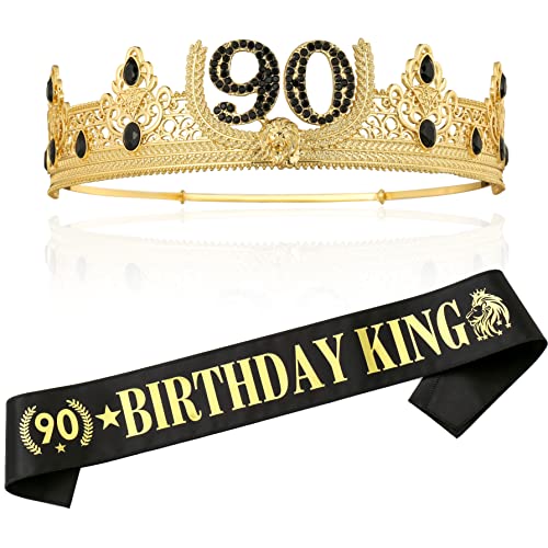 90TH Birthday King Crown and Birthday King Sash,90TH Birthday Gifts for Men. Birthday Party Decoration for Men(Gold)