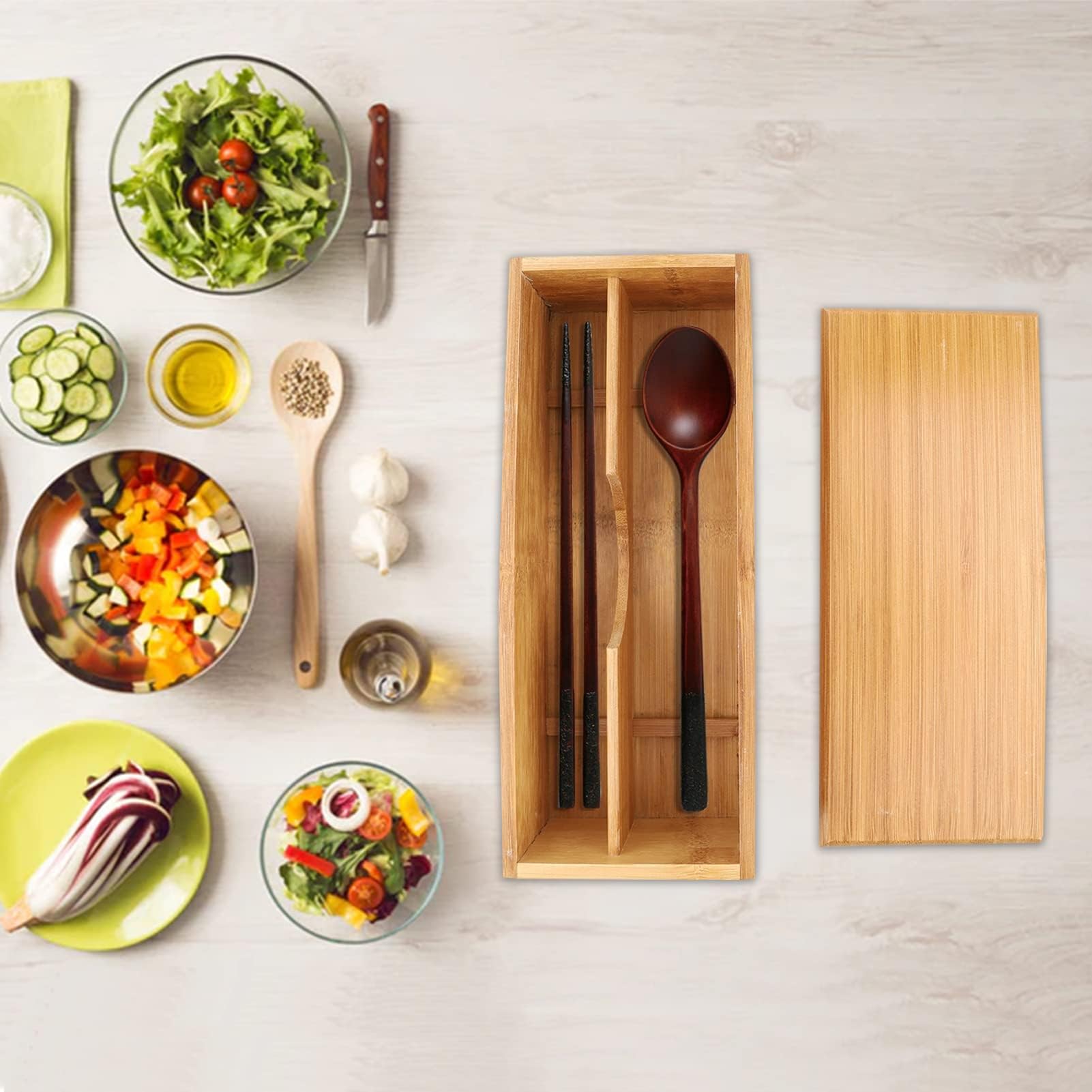 Wooden Cutlery Box with Lid, Small Drawer Organizer Kitchen, Cutlery Organizer in Drawer for Spoon Chopsticks Storage Box Container for Kitchen Countertop Dining Table 27 X 11 X 6.6cm