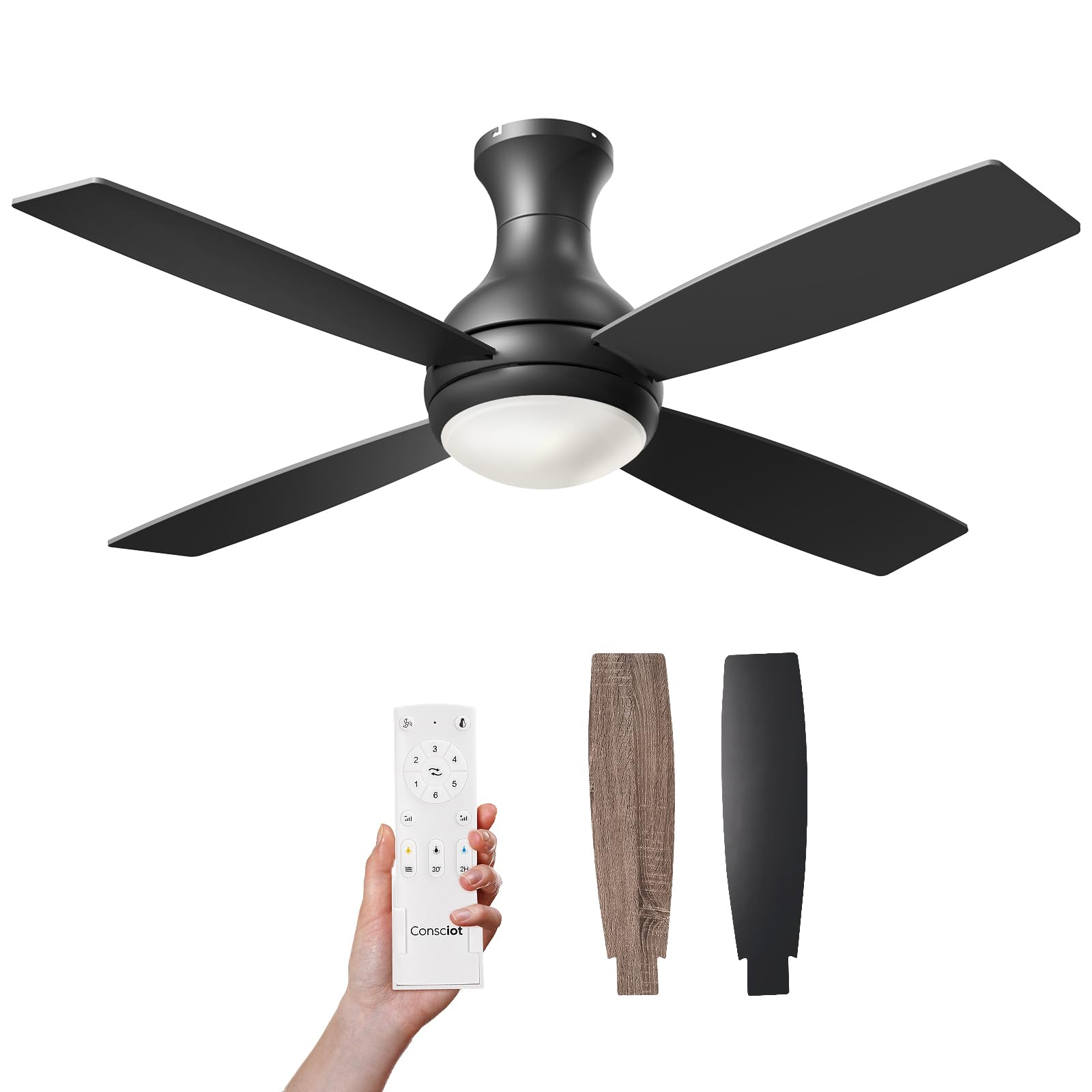 Consciot 52 Inch Ceiling Fan With Lights, Modern Black Ceiling Fan, Remote Control, Quiet Reversible DC Motor, Flush Mount, Dimmable 3CCT LED Light, Double Finish Blade, For Indoor Bedroom Living Room