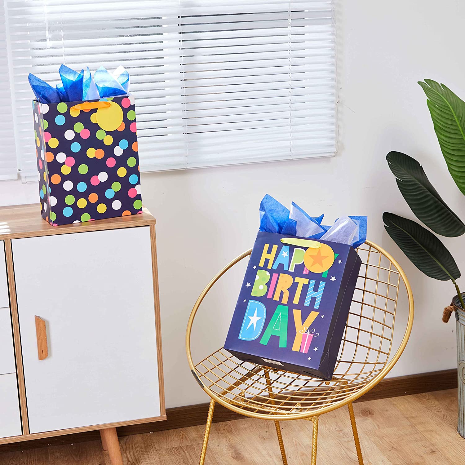 SUNCOLOR 2 Pack 13" Large Gift Bag with Tissue Paper for Him (Happy Birthday)