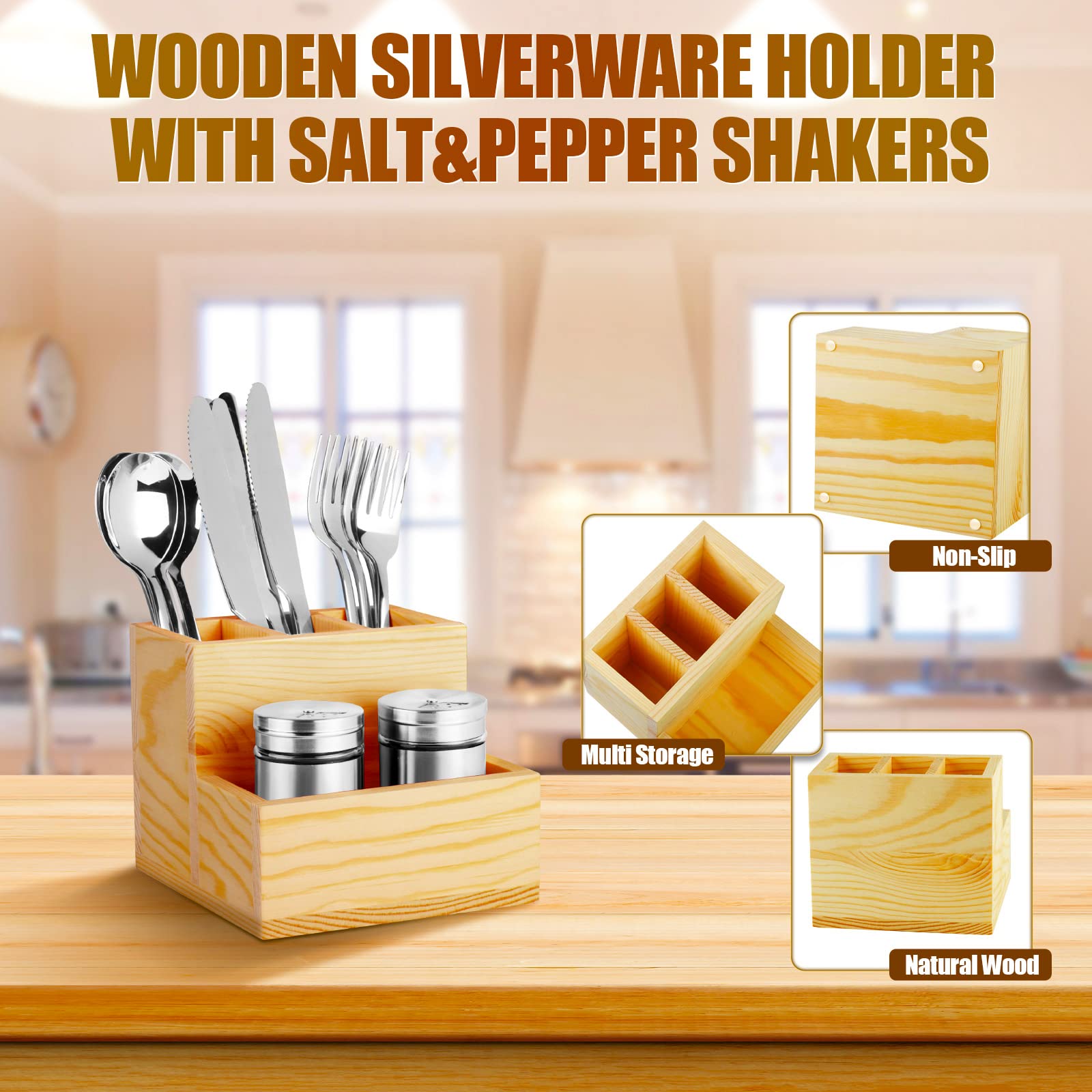 Wooden Silverware Holder,Countertop Silverware Organizer,Silverware Holder for Fork,Spoon,Knife,Condiment Shakers,4 Compartments Utensil Caddy for Farmhouse Kitchen Decor,Parties,Hotel