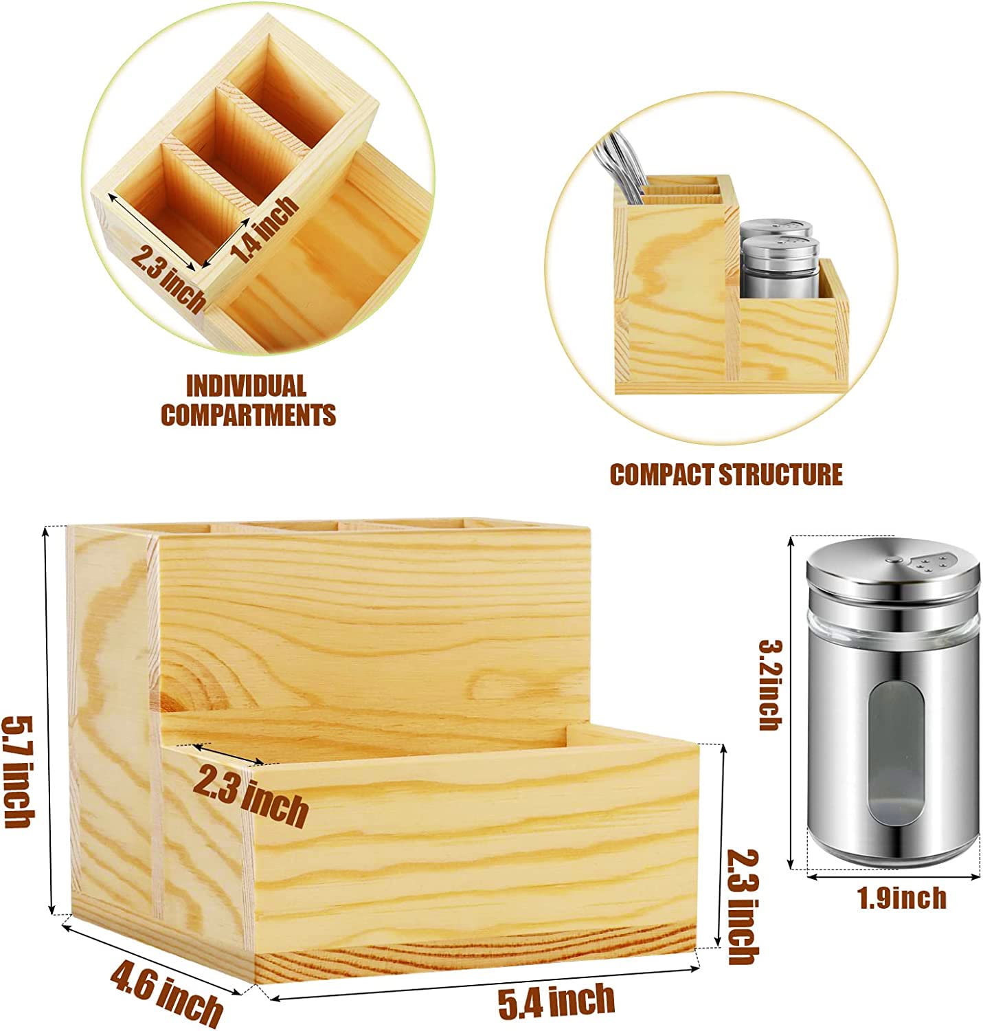 Wooden Silverware Holder,Countertop Silverware Organizer,Silverware Holder for Fork,Spoon,Knife,Condiment Shakers,4 Compartments Utensil Caddy for Farmhouse Kitchen Decor,Parties,Hotel