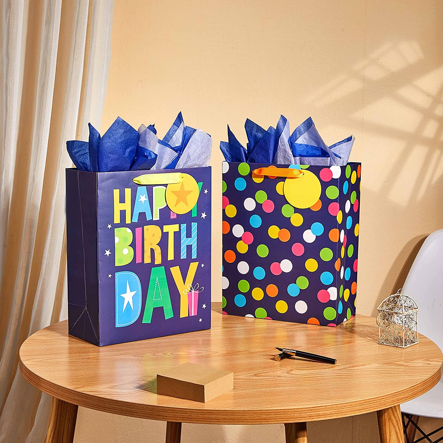 SUNCOLOR 2 Pack 13" Large Gift Bag with Tissue Paper for Him (Happy Birthday)