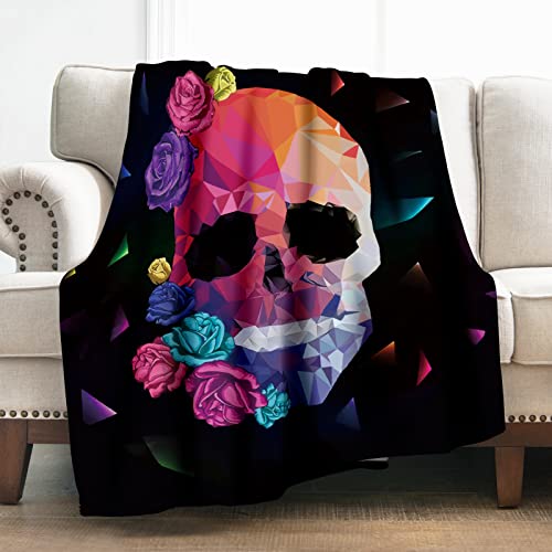 Levens Skull Blanket Gifts for Women Girls Men, Colorful Skull Decoration for Home Bedroom Living Room Office Halloween, Soft Comfortable Lightweight Throw Plush Blankets Black 50"x60"