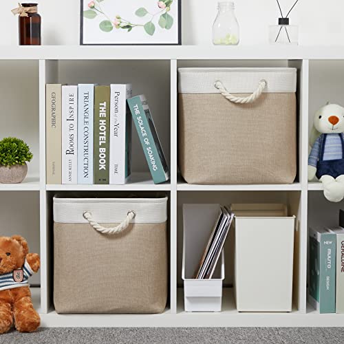Temary Fabric Storage Baskets Set Of 6 Small Storage Bins Bundled with 2 Pack Decorative Baskets for Storage (White&Khaki, 11.8Lx7.9Wx5.3H Inches, 16Lx12Wx12H inches)