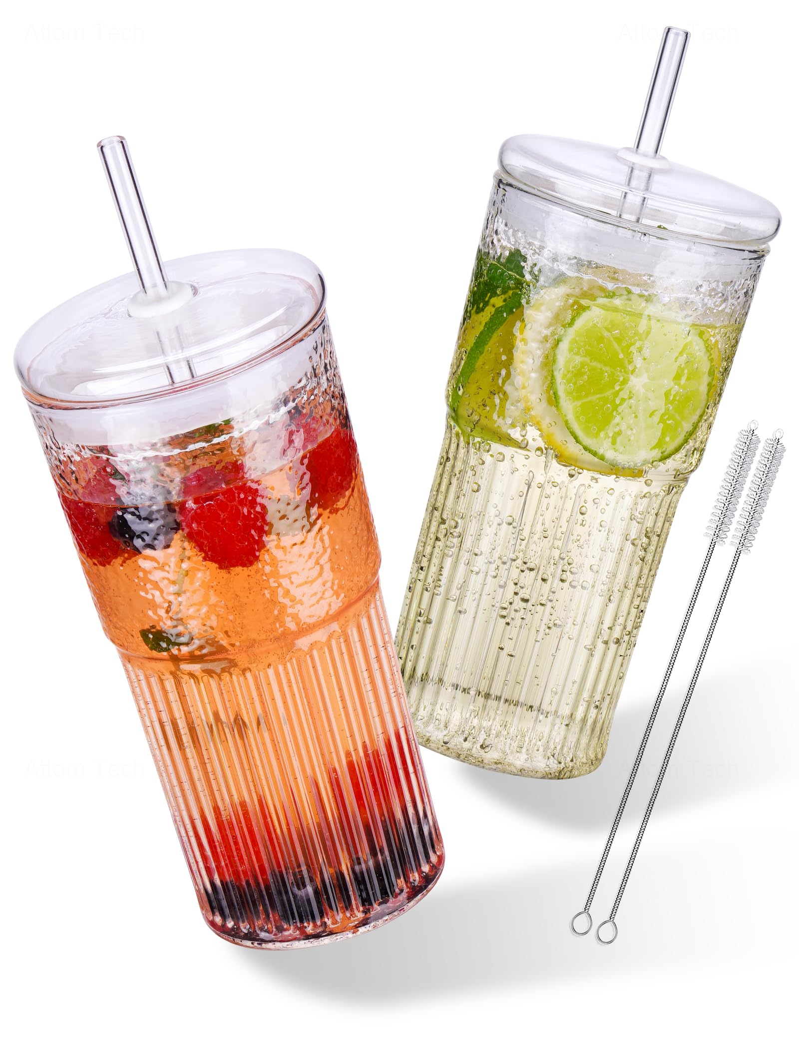 NiHome High Borosilicate Glass Tumbler Cup with Lid and Straw, 22oz Clear Iced Coffee Glass Cups Drinking Jars Glasses Smoothie Tea Cup with Straws, Wide Mouth Water Tumbler With Muffler Ring - 2 Pack