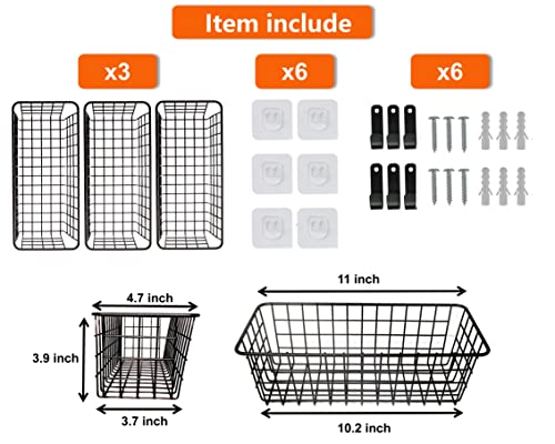 3 Set Hanging Wire Baskets,Wall Mount Fruit Basket,No Drilling,Adhesive Small Metal Basket,Farmhouse Food Storage Mesh Bin Kitchen Pantry Laundry Bathroom Closet Garage RV,Black