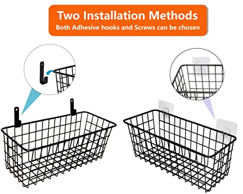 3 Set Hanging Wire Baskets,Wall Mount Fruit Basket,No Drilling,Adhesive Small Metal Basket,Farmhouse Food Storage Mesh Bin Kitchen Pantry Laundry Bathroom Closet Garage RV,Black